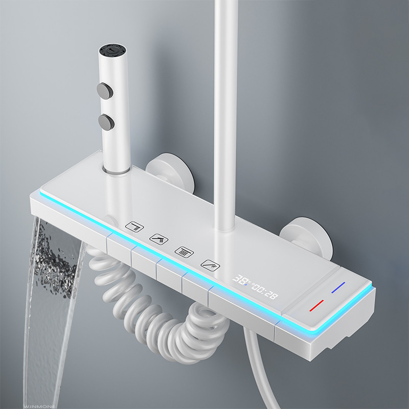Jual Modern Bathrooms Shower System Set Glass Panel Bathtub Rain LED ...