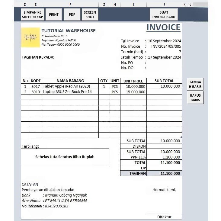 Jual Template Excel Invoice Otomatis Simpan ke Arsip, Cetak PDF, Cetak ...