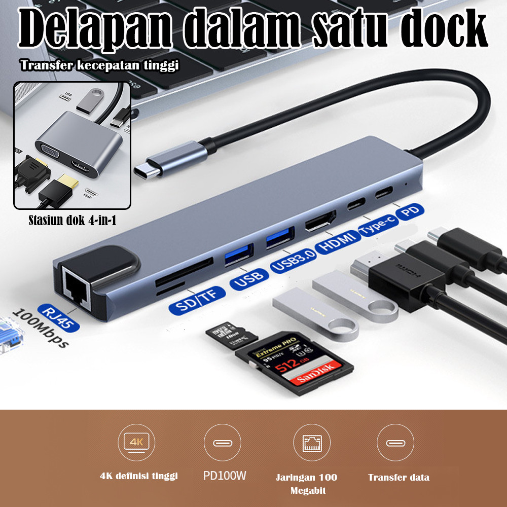 Jual 8 in 1 Adapter USB TypeC Connector MacBook Universal HDMI Eth SD ...