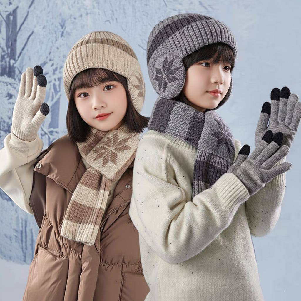 Jual ( OTH1362 ) 3 in 1 set syal scarf leher topi kupluk sarung tangan ...