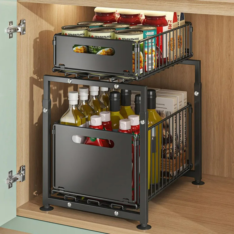 Jual Kitchen Sink Storage Rack Pull-Out Basket Double Layer Spice Snack ...