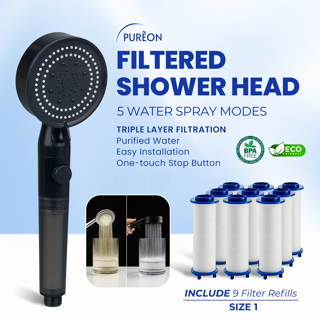 Jual [ Free 1+9 Refills ] PURẼON Filtered Shower Head 5 Mode Semprotan ...