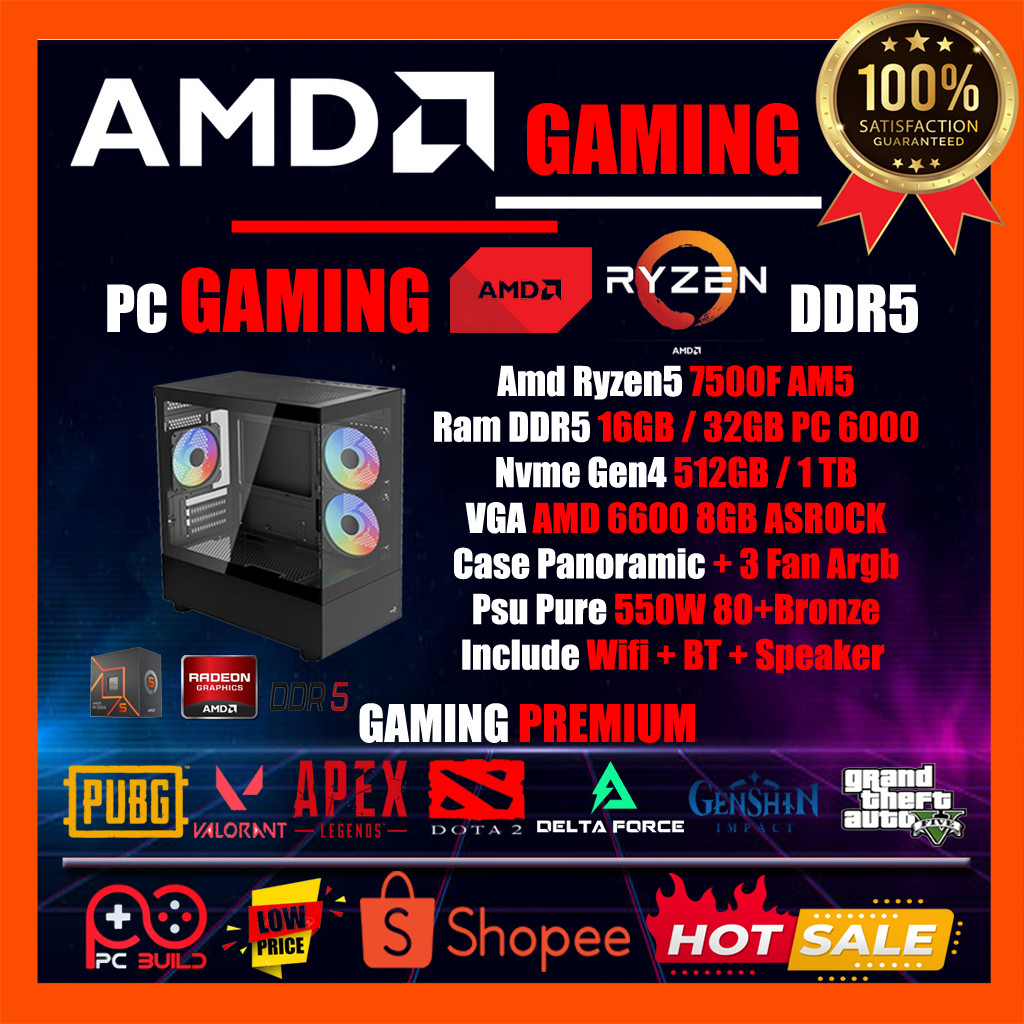 Jual PC Gaming Amd Ryzen5 7500F AM5 Ram DDR5 Nvme GEN4X4 Vga 6600 8GB ...