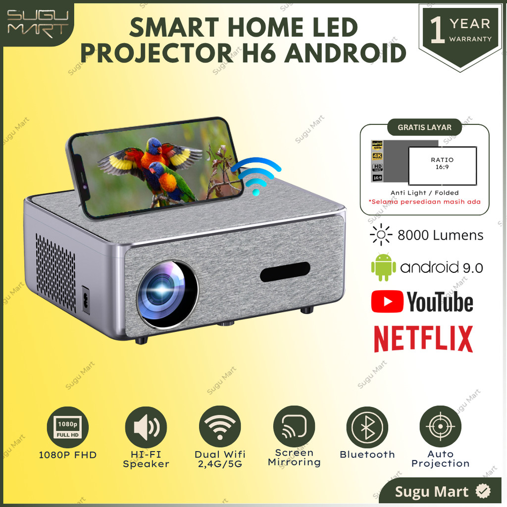 Jual Proyektor H6 Android 8000 Lumens Full HD 1080P Auto Focus Wifi 2 ...