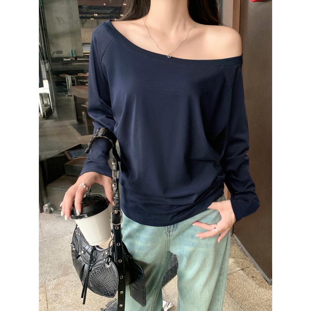 Jual baju atasan lengan panjang polos off-shoulder biru tua wanita ...
