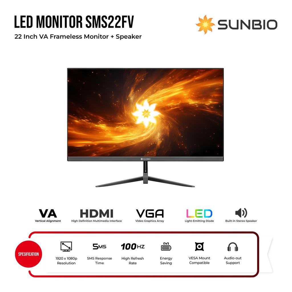 Jual SUNBIO LED MONITOR FRAMELESS + SPEAKER 22INCH | Shopee Indonesia