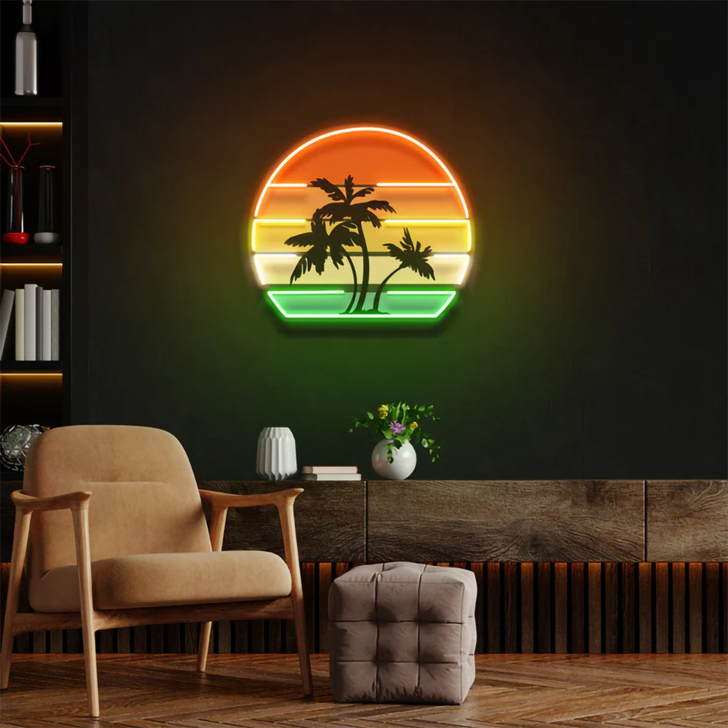Jual Sunset Neon Sign UV Printed Sunset Sunrise Palm Tree Neon Sea ...