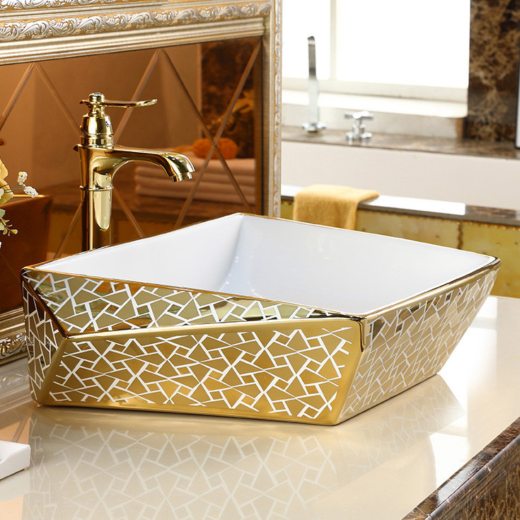 Jual Modern Gold Electroplating Wash Basin Gold Color Table Top Art ...