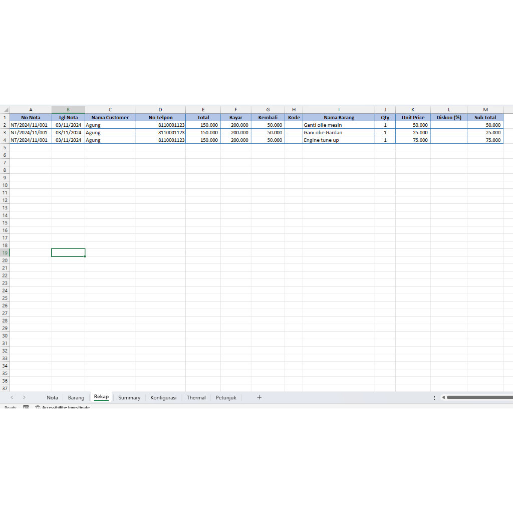 Jual Template Excel Nota Penjualan Semi Kasir Printer Thermal Auto ...
