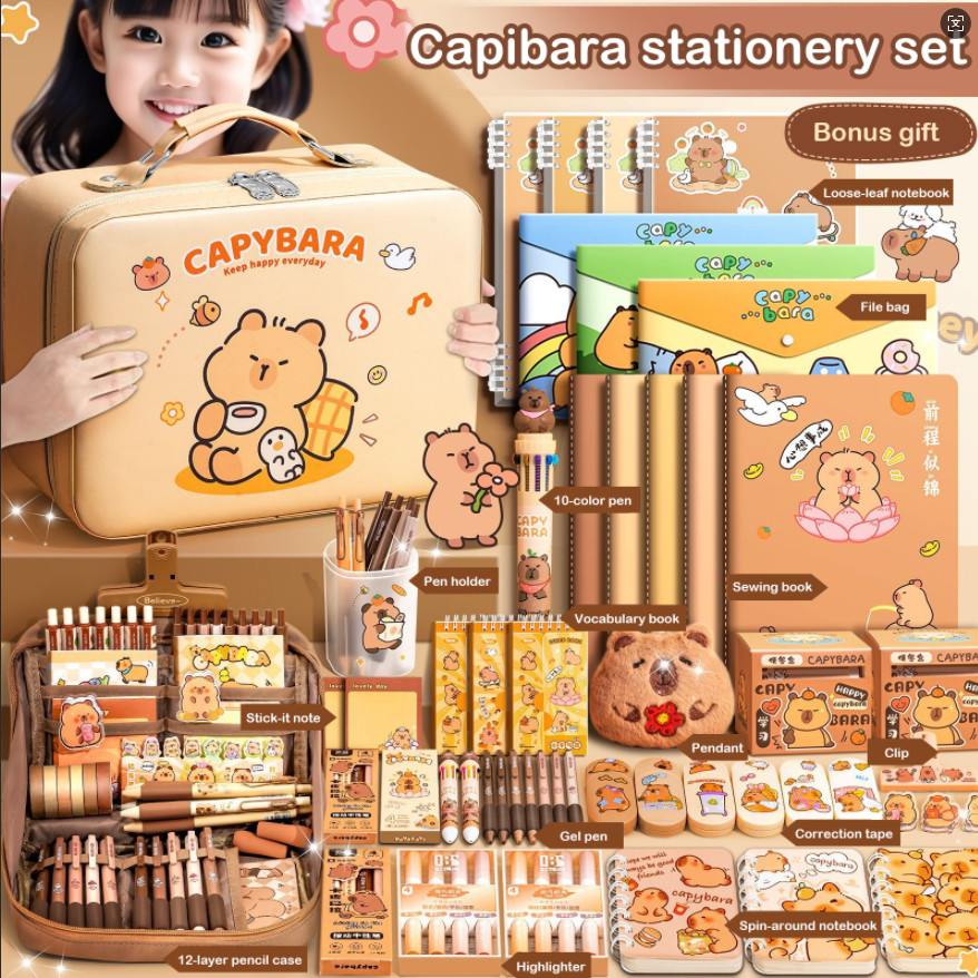 Jual Kawaii Capybara Stationery Set Notebook, Stickers Ruler, Gel Pens ...