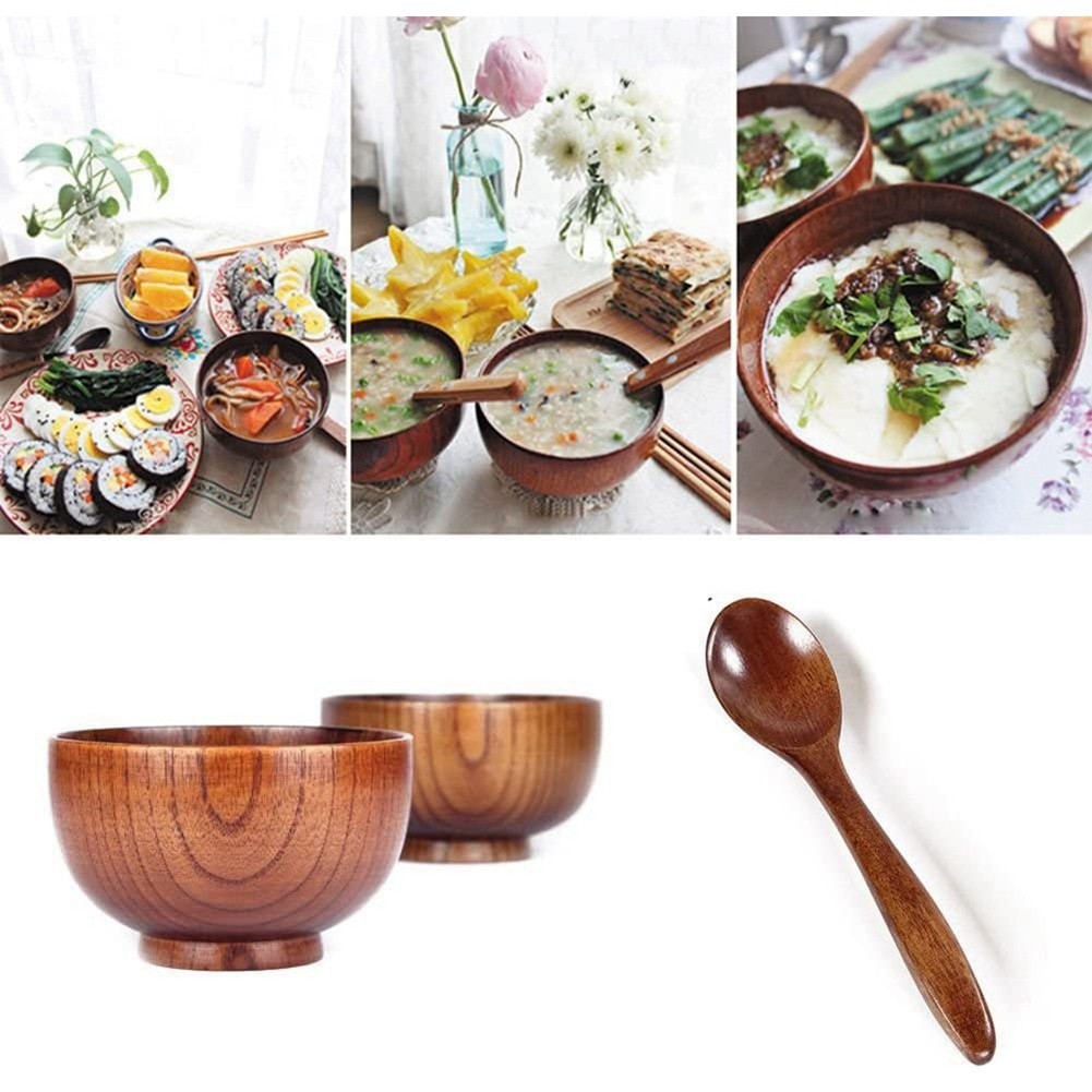 Jual ELEG-2X Wood Spoons Bowl Set,Wooden Handmade Flate Tablee Cutlery ...