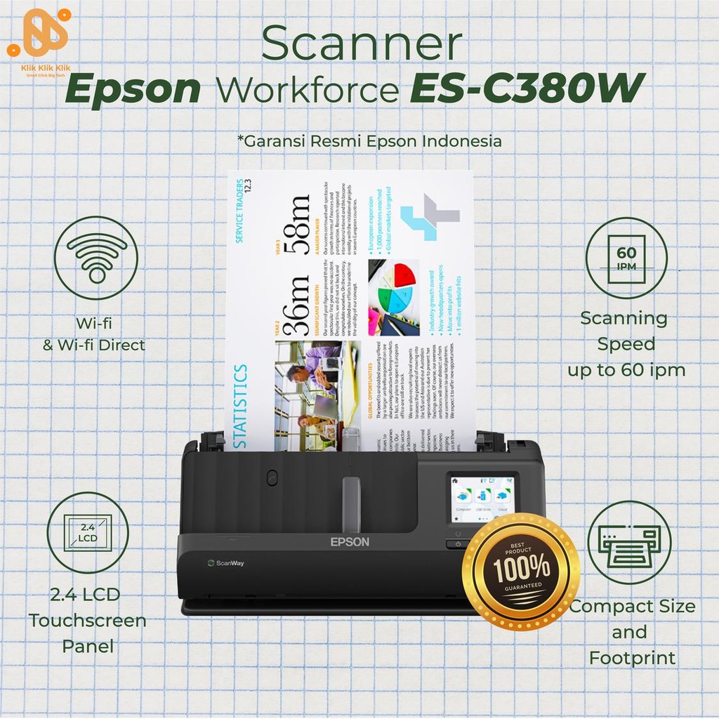 Jual Epson ES-C380W Scanner Dokumen A4 Wireless Duplex ADF USB Ringkas ...