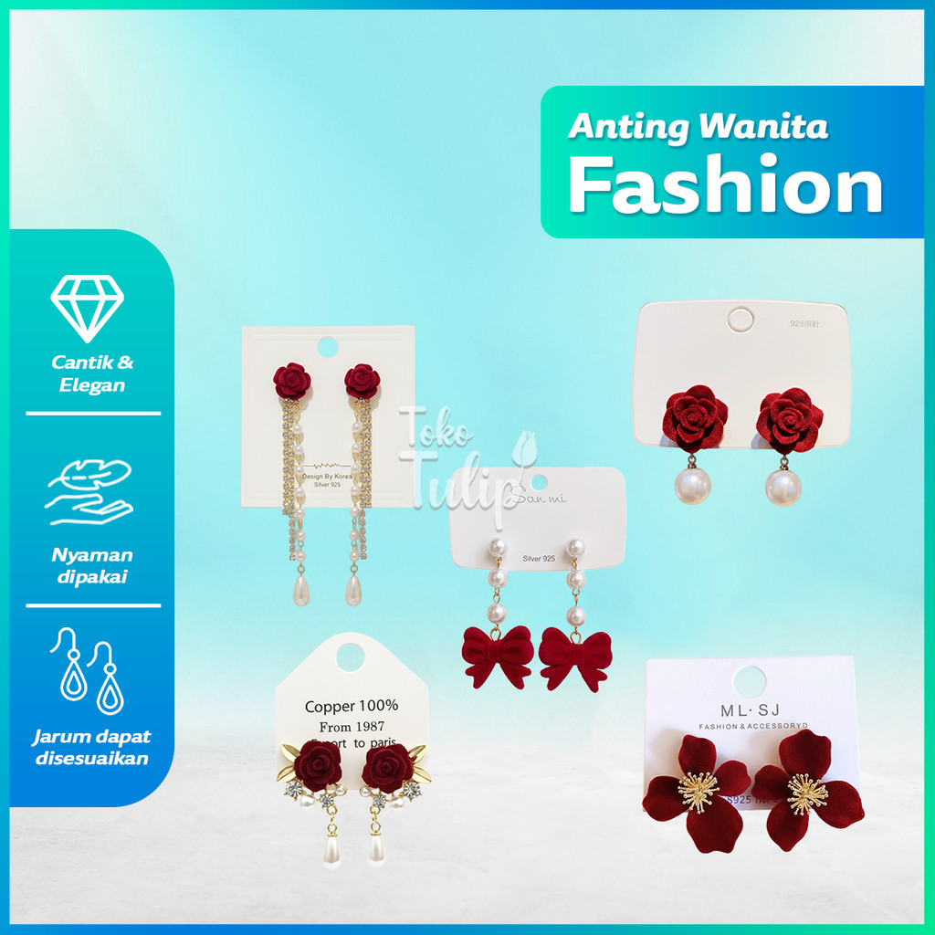 Jual Anting-anting Mutiara Anggur Bunga Mawar Merah: Aksesori Perhiasan ...