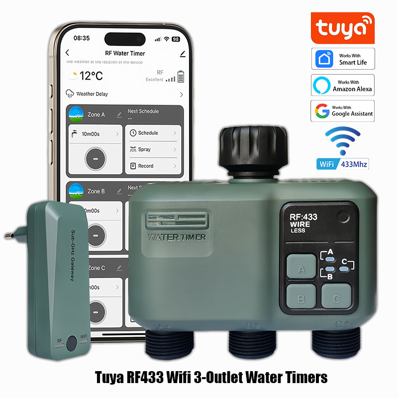 Jual 2025 Tuya Wifi+RF433 smart Garden Sprinkler Water Timer by 3 Way Rain Delay Filter ...