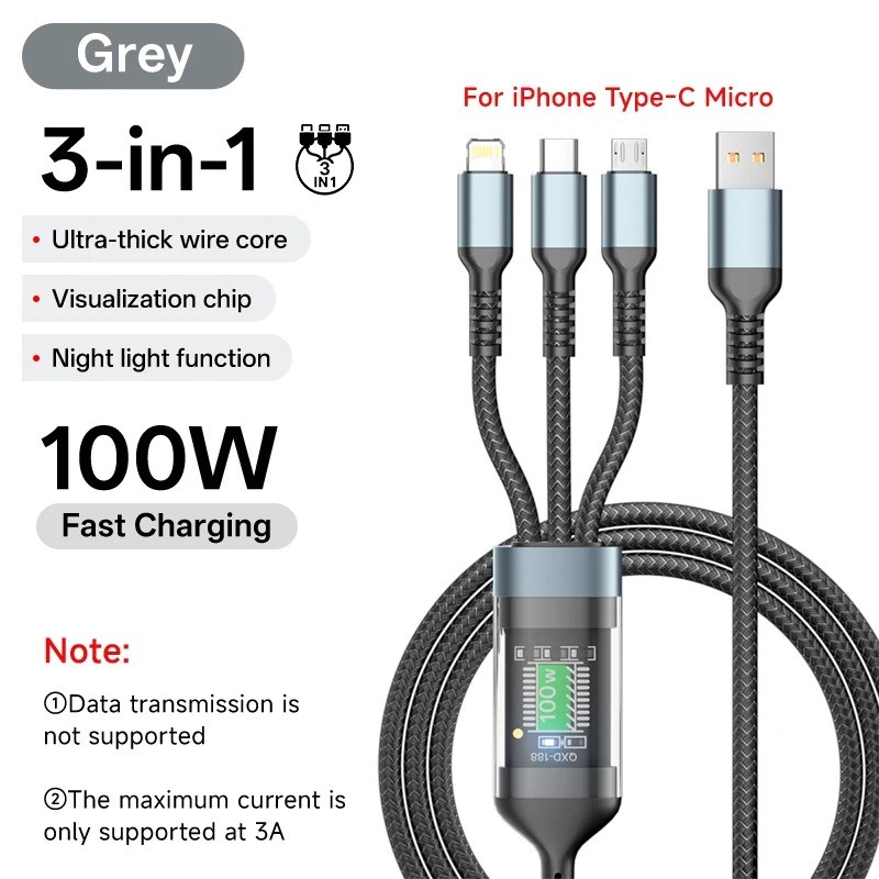 Jual Kabel Data Charger 3in1 Fast Charging 100W Micro USB Lightning USB ...