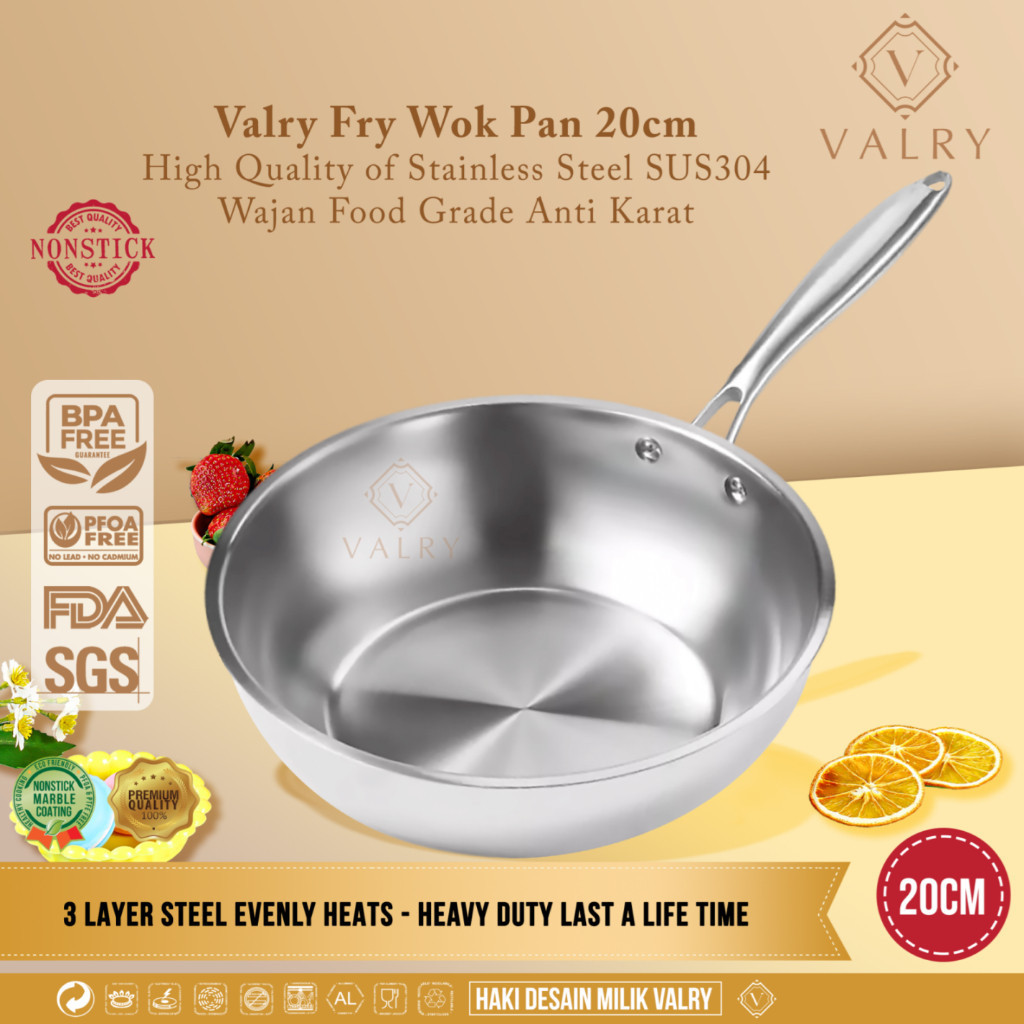Jual VALRY Wajan fry wok pan asli stainless 304 Panci dapur 20cm ZERO ...