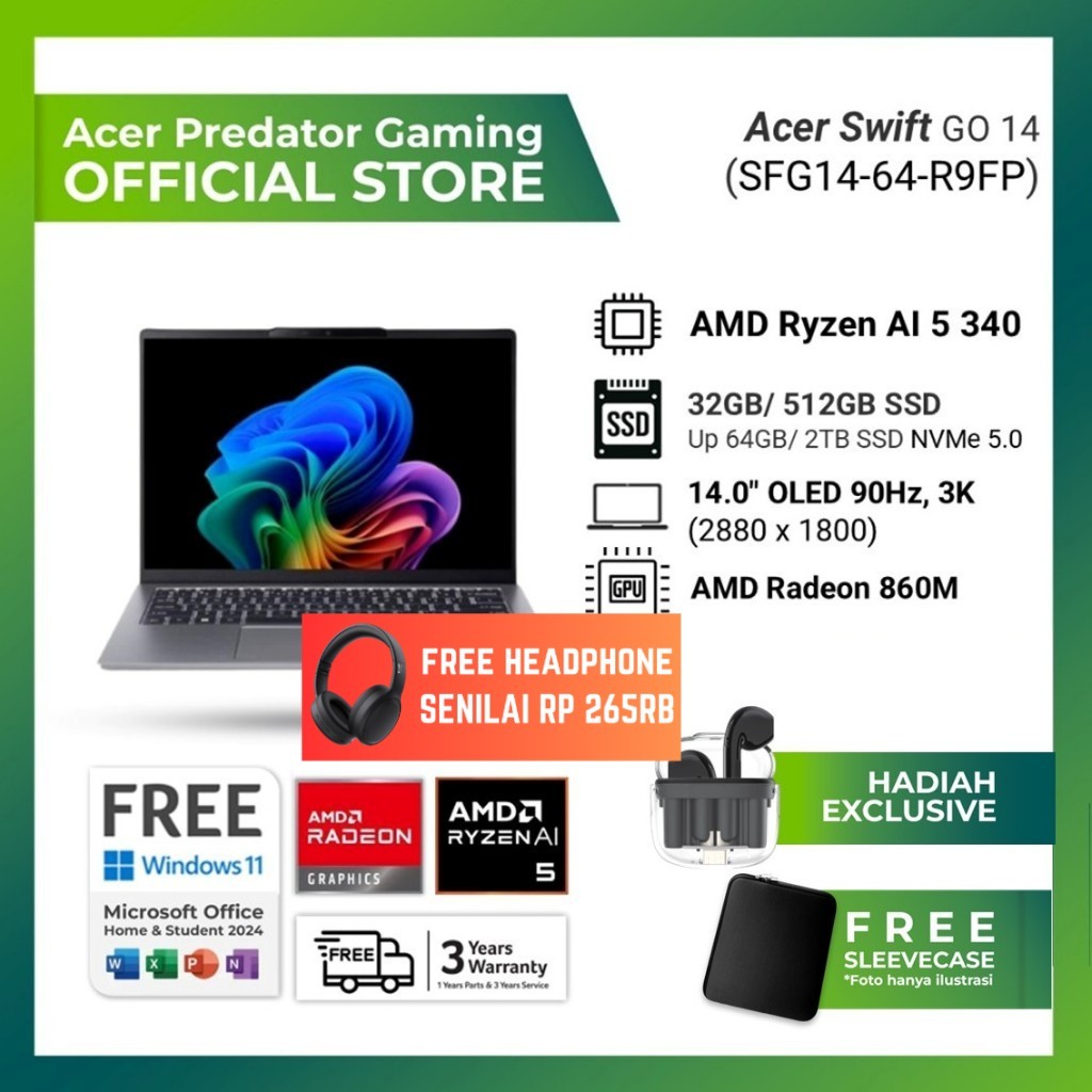 Jual [FREE SMARTWATCH] ACER SWIFT GO 14 AI OLED SFG14-64-R9FP RYZEN 5 ...