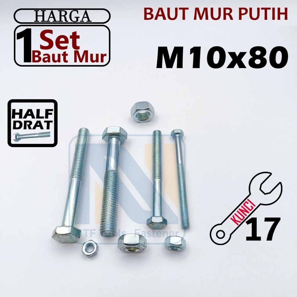 Jual M10x80 Baut Mur Besi Putih BMP Kunci 17 Pitch 1.50 M10 / BMP M10 x ...