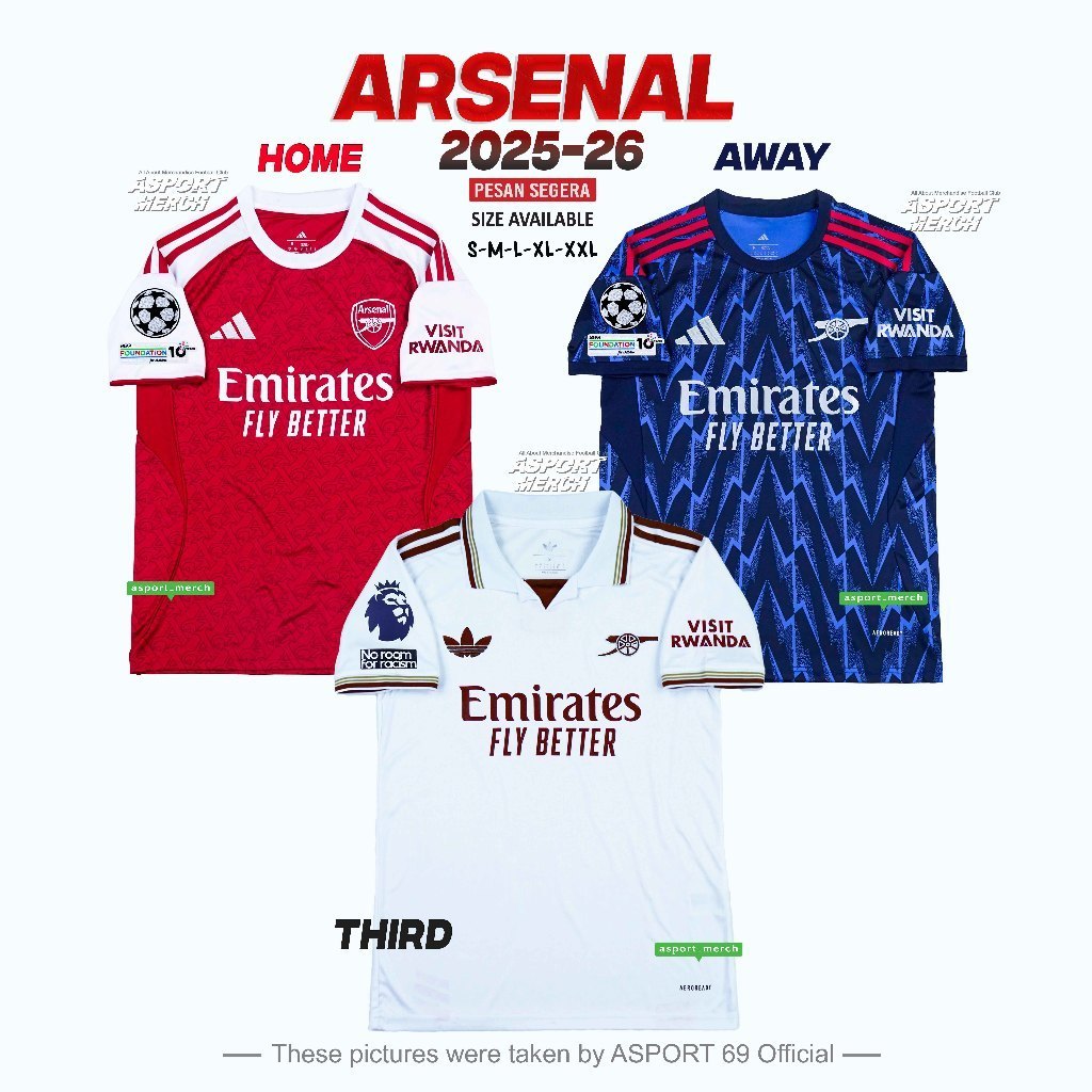 Jual KOLEKSI ARSENAL HOME AWAY THIRD 2025 2026 TERBARU | Shopee Indonesia