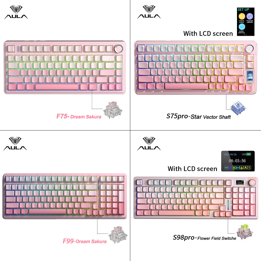Jual AULA F75/F99/S75 Pro/S98 Pro Gaming Keyboard Graent Pink Wireless ...