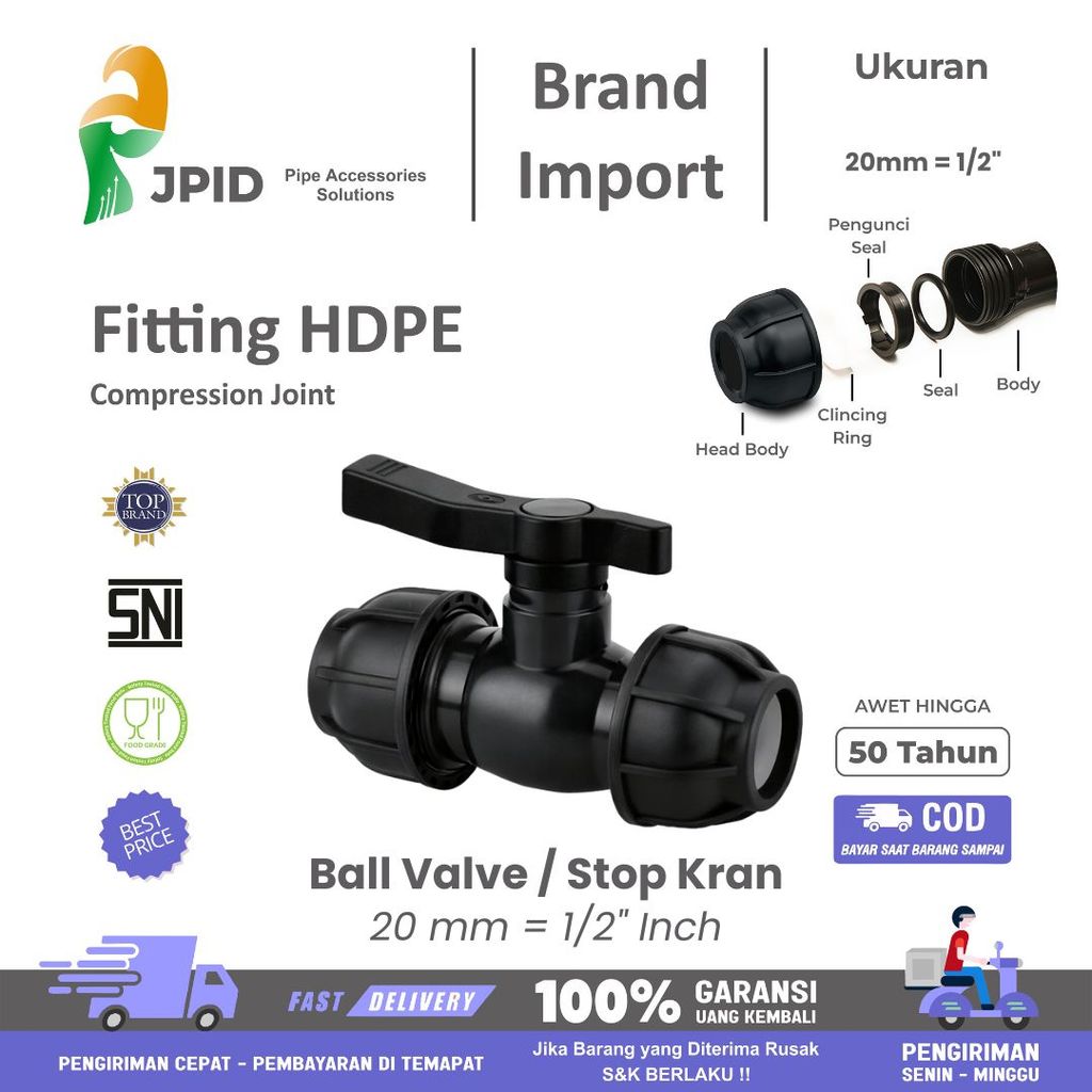 Jual Ball Valve Compression 20 mm x 1/2" Inch / Stop Kran HDPE 20mm ...