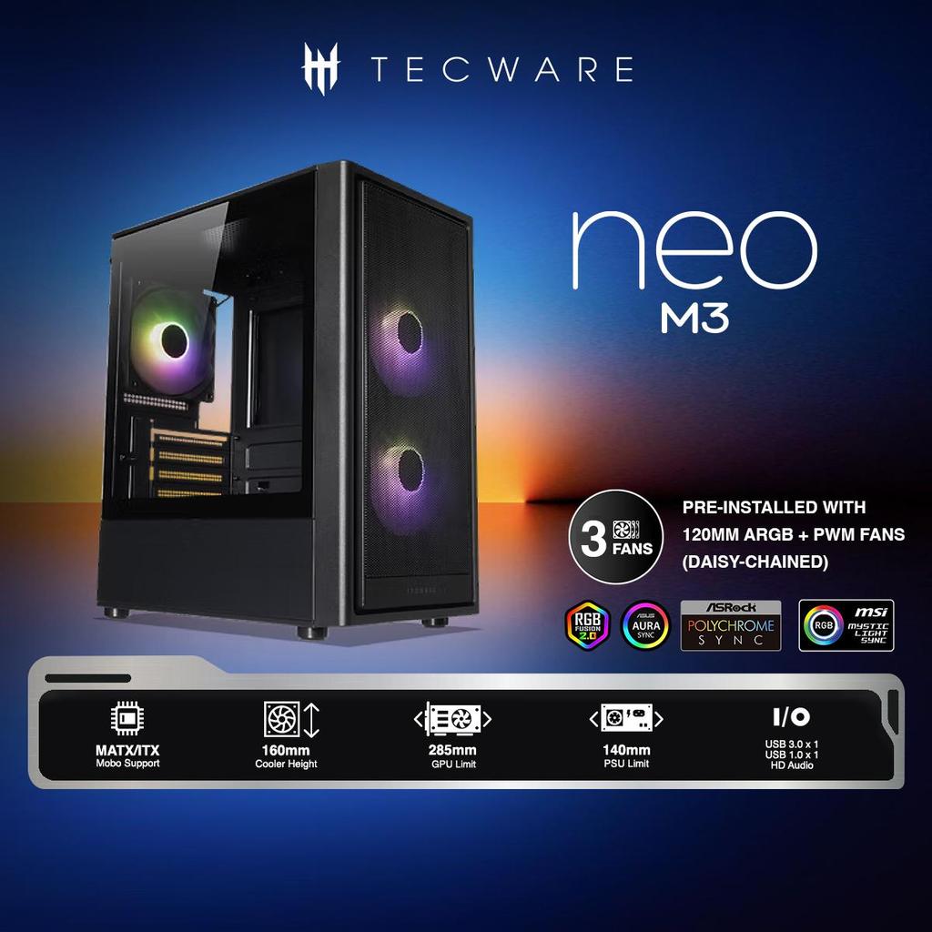 Jual Tecware Neo M3 TG ARGB Matx Case w/ 3 x 120mm ARGB Fans | Shopee ...