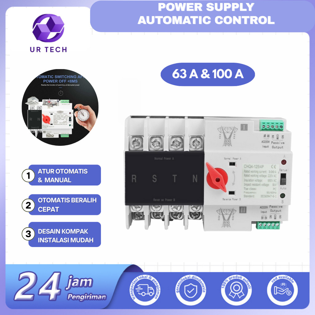 Jual Ur Tech 2P 4P 63A 100A ATS Din Rail Saklar Listrik MCB Otomatis ...