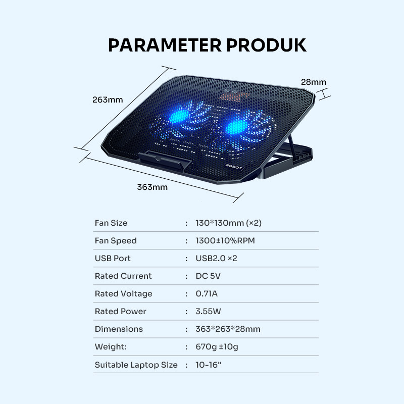 Jual ROBOT Cooling Pad Laptop 10-16 inch Untuk Gaming Kipas 2 Inti ...