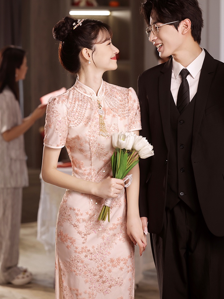 Jual Dress sangjit modern Pink Toast Dress Bridal Qipao Little Chinese ...