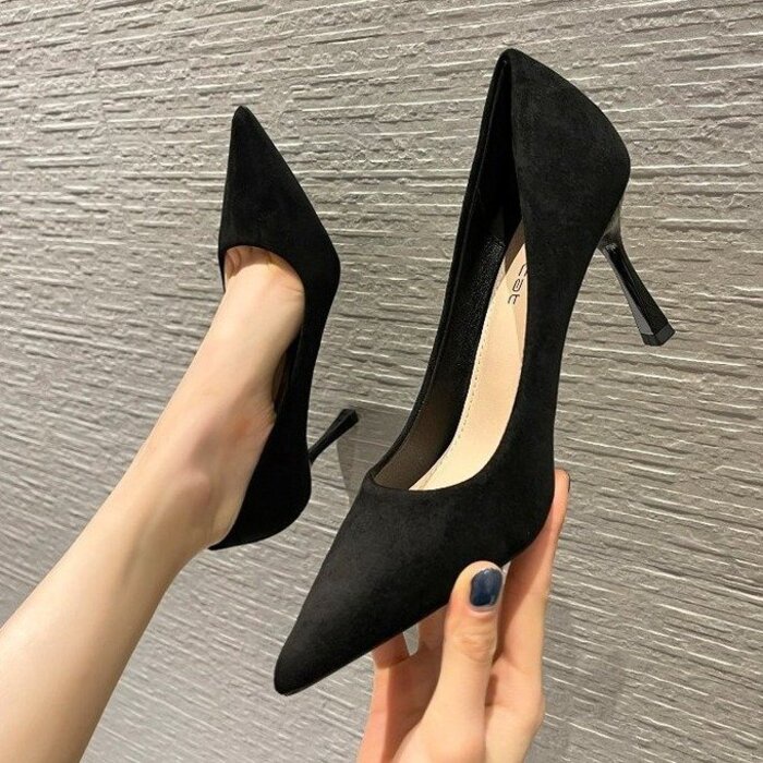Jual Heels lancip Mata tinggi hitam, tumit licin perempuan, jari kaki ...