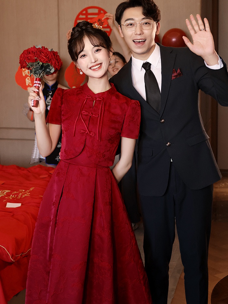 Jual Dress sangjit modern Pernikahan Gown Bridal Qipao Wine Small Red ...