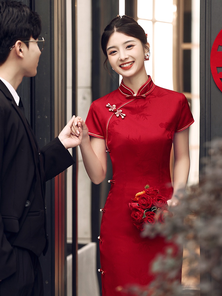 Jual Dress sangjit modern Toast Dress Bride Qipao Wine Red Small ...