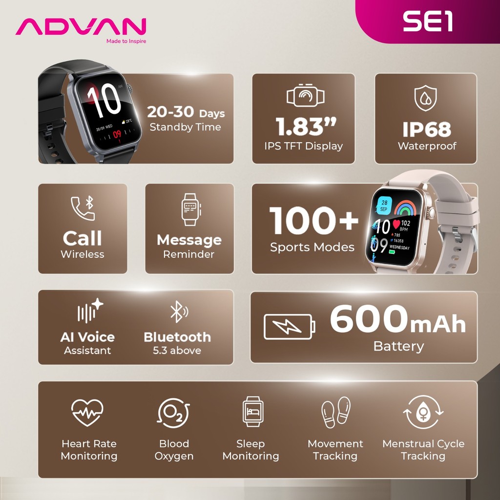 Jual ADVAN Smartwatch SE1 Ai Voice Assistant 100+ Sport Mode IPS 1.83 ...