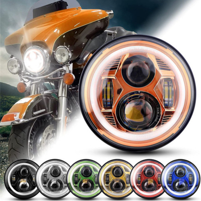Jual Motorcycle 7inch Headlight 7" H4 LED DRL Halo Ring Amber Turn ...