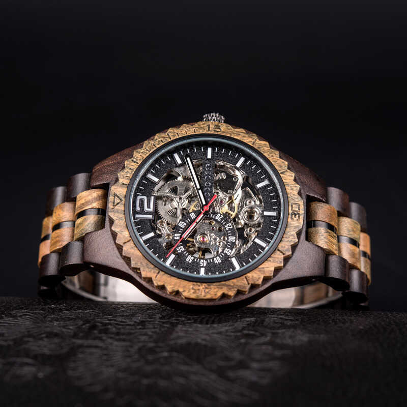 Jual Waterproof Mechanical DEER Watch Mens Automatique Wood Forsining ...