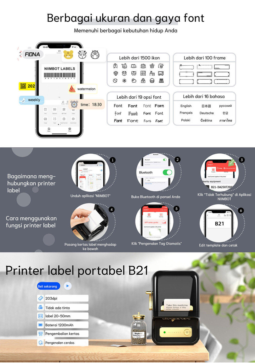 Jual NIIMBOT B21 Printer Label Foto/Logo, Tanpa Tinta, Koneksi ...