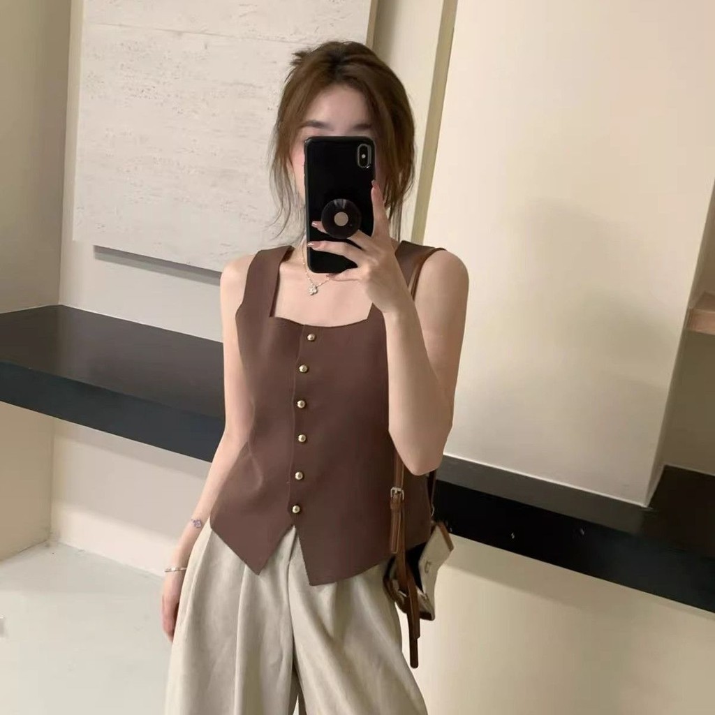 Jual Rompi Rajutan Kerah Persegi Kecil Gaya Perancis Rompi Tanpa Lengan ...