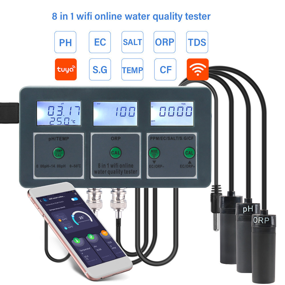Jual Tuya WiFi 8 In 1 Detector S.G/PH/EC/ORP/TDS/CF/SALT/TEMP Measuring Analyzer Monitor Water ...