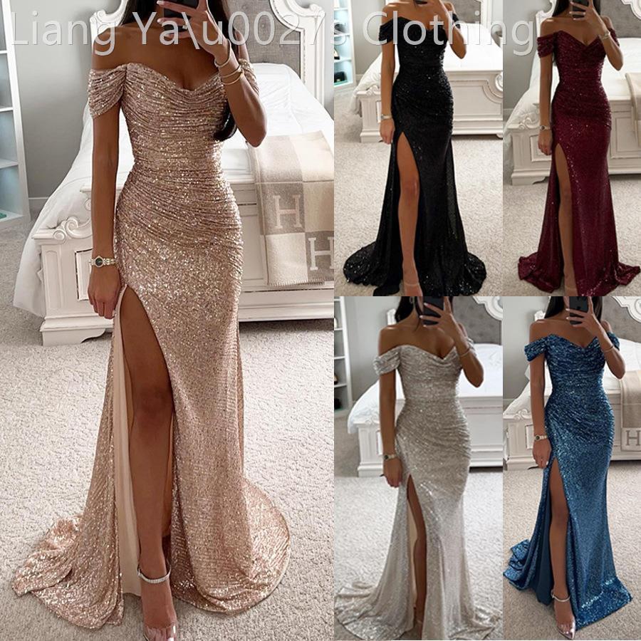 Jual New Year 2026 Pakaian Wanita Gaun Belahan Off-Shoulder dengan Pita ...