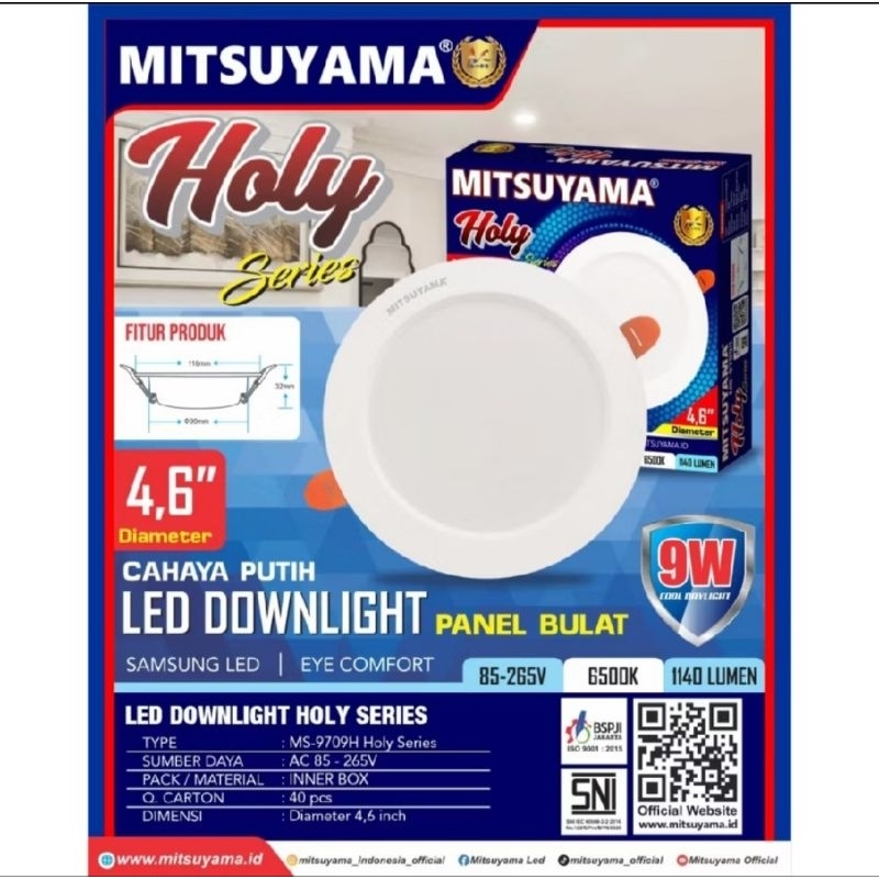 Jual LAMPU DOWNLIGHT PLAFON LED BULAT 9 WATTMITSUYAMA HOLY CAHAYA PUTIH ...