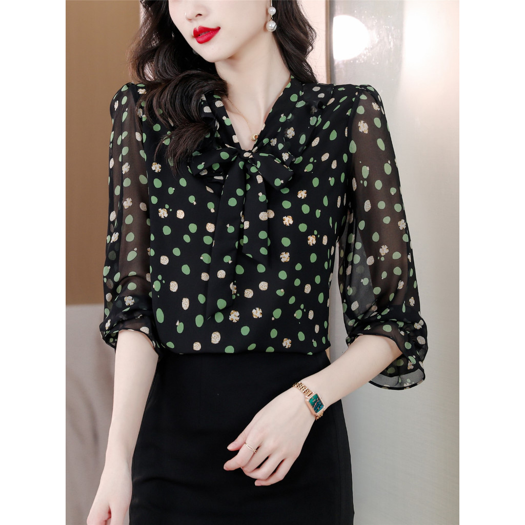 Jual TianShun Fashion Bow Neck Korean Women's Clothing Chiffon Polka ...
