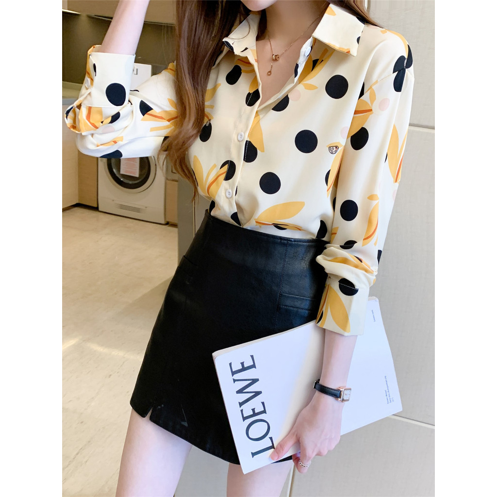 Jual TianShun Lapel Korean Version Chiffon Polka Dot Top OL Casual Long ...