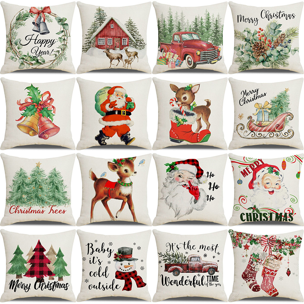 Jual Christmas Decor Cushion Cover 18 Inches Linen Throw Pillow Case ...