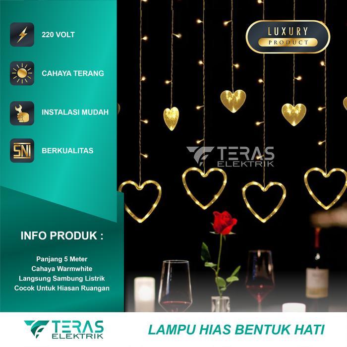 Jual Lampu hias kelip cahaya warmwhite LED tirai bentuk hati 5 Meter ...
