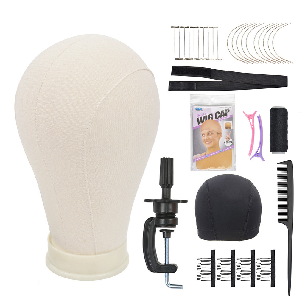 Jual Canvas Block Head Set with Wig Head Stand Table Clamp for Making ...