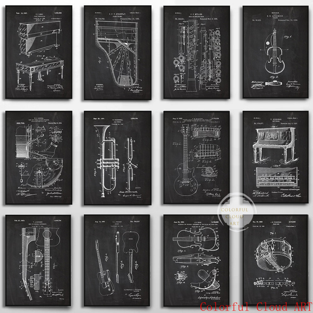 Jual Vintage Violin Guitar Piano Blueprints Posters Musical Instrument ...