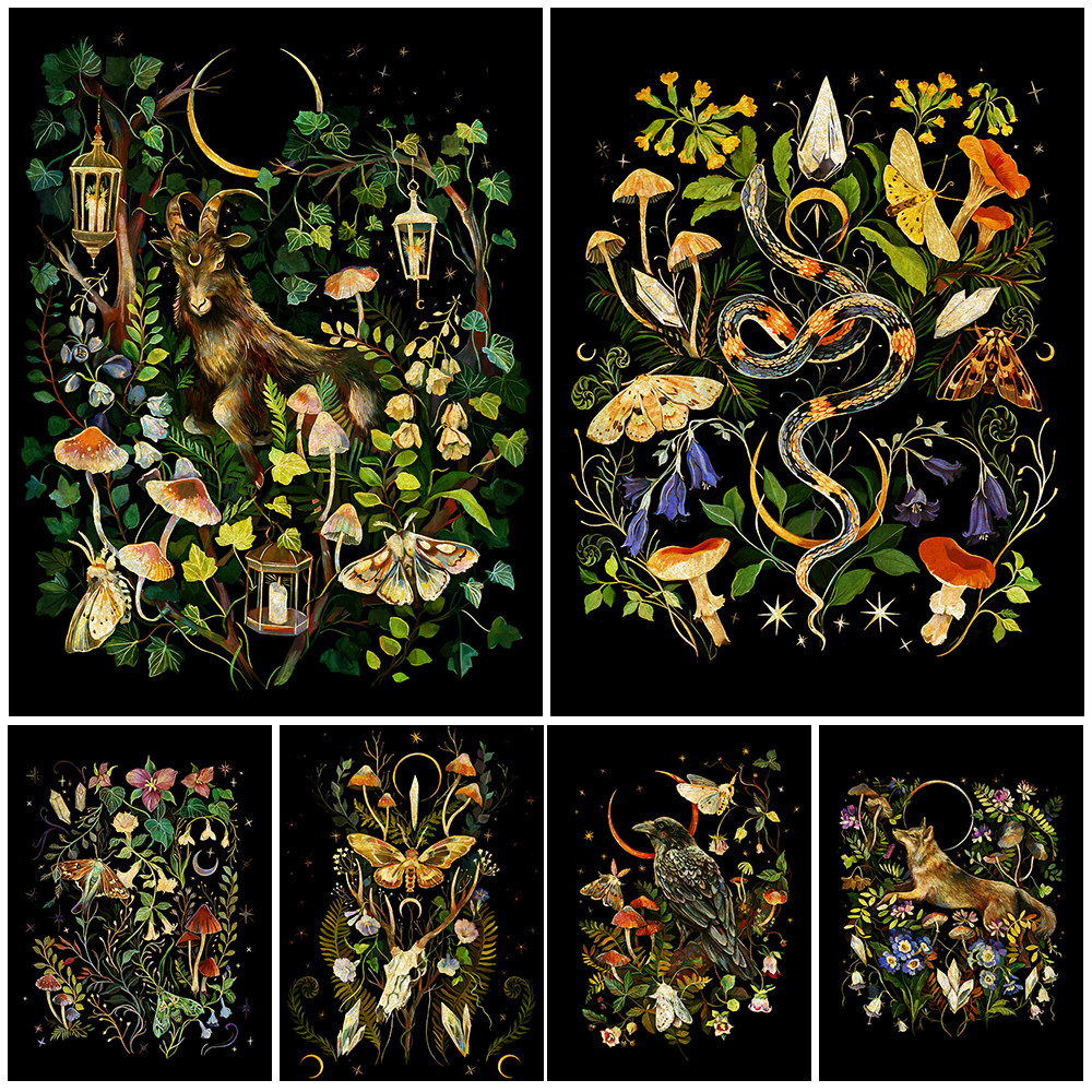 Jual Black Goat Garden And Mushrooms Snake Crystals Abstract Wall Art ...
