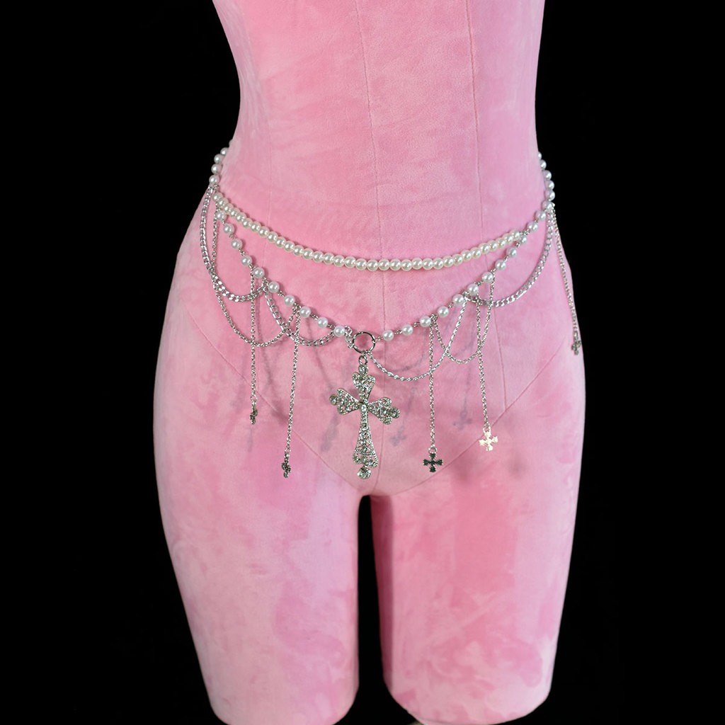 Jual Stylish Spice Girl Pearl Metal Fringed Cross Belly Chain Versatile ...
