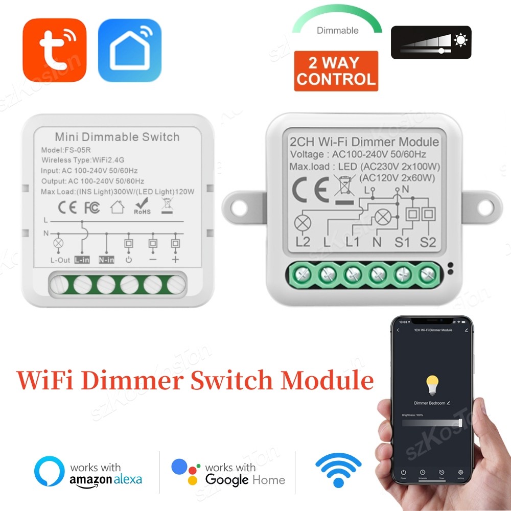 Jual Tuya Wifi Smart Dimmer Switch Module 10A Support 2 Way Control 1/2 ...
