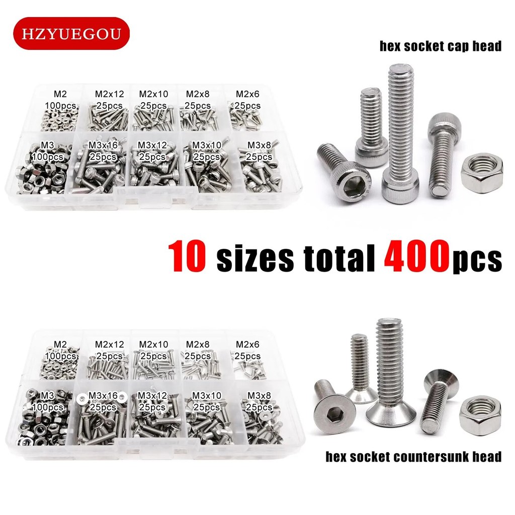 Jual 400Pcs M2 M3 10 Sizes Allen Hexagon Hex Socket Head Cap Flat ...